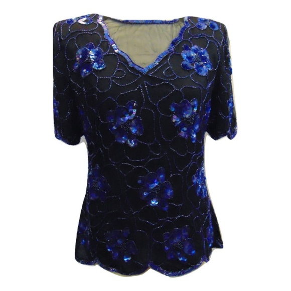Scala | Tops | Vintage Scala Evening Party Beaded Black Blue Top | Poshmark